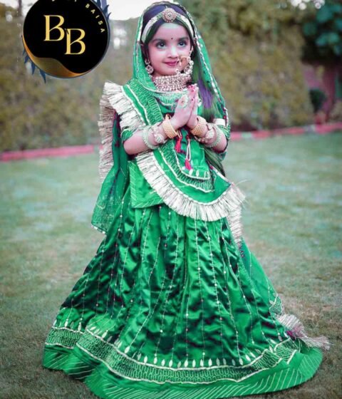 Rajputi Poshak in Green Color with Satin Fabric for Baby Girls
